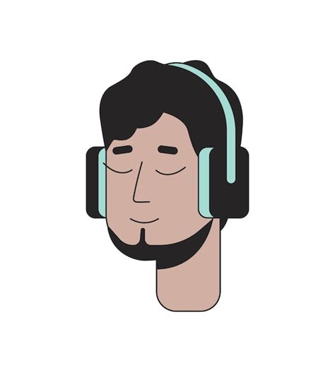 헤드폰을 착용한 노인 네덜란드 수염 아랍인 2d 선형 만화 캐릭터 머리 중동 성인 ⁇ 커튼 수염 고립된 선 ⁇ 터 사람 얼굴
