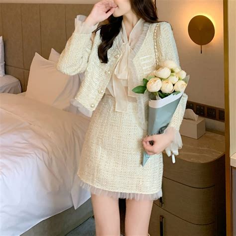 핑크뮬리 당일발송보장트위드세트하객룩강추데이트룩 디어 하객룩 자켓 트위드 미니 스커트 치마 투피스 레이스 진주