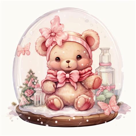 Premium Photo There Is A Teddy Bear In A Snow Globe With A Pink Bow