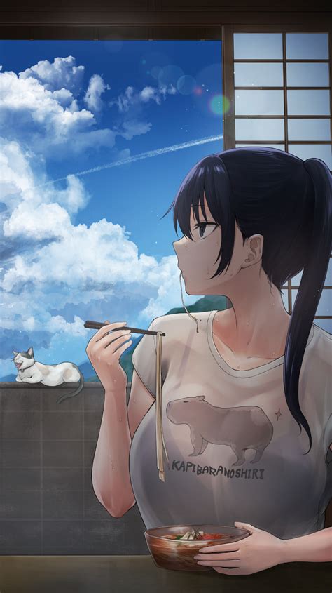 A Mezashi Original Highres Girl Black Bra Black Hair Blue Sky Bowl Bra Bra Visible