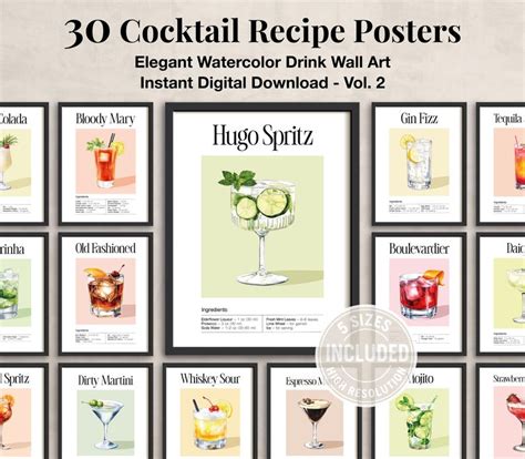 Cocktail Recipe Art Print Set Retro Drink Posters Home Bar Decor