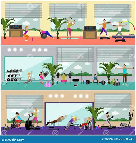 Fitness Center Interior Vector Illustration People Work Out In Gym