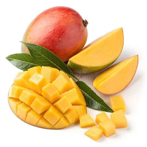Mango Fruit With Mango Cubes And Slices Isolated On White Background