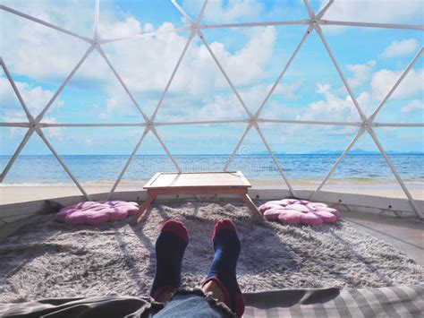 Selfie Feet On Bed At Resort Over Summer Beach Background Stock Image