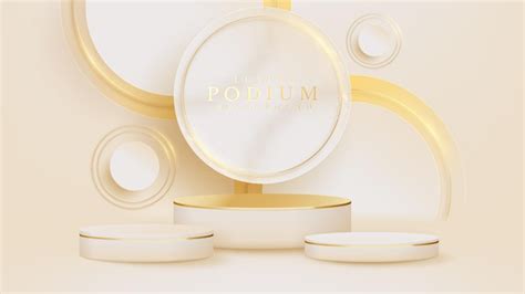 반짝이 조명 효과가 있는 골드 리본 요소가 있는 현실적인 크림 색상 연단 럭셔리 배너 배경 디자인입니다 프리미엄 벡터