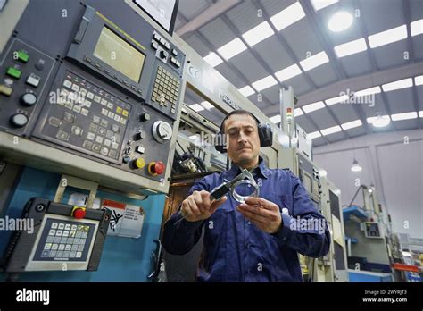 Worker Measuring With Caliper Area Automated Cnc Lathes Machined Indecober Machining Of