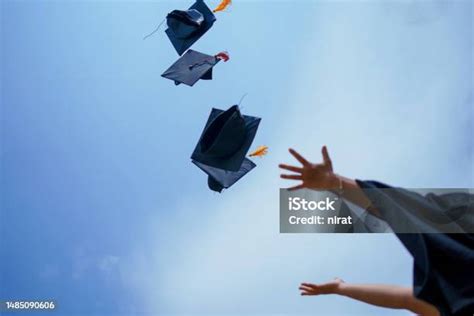 졸업식 대학 고등학교 졸업생들이 푸른 하늘에 모자를 던지는 모습 검은색에 대한 스톡 사진 및 기타 이미지 검은색 교육 느린 동작 Istock