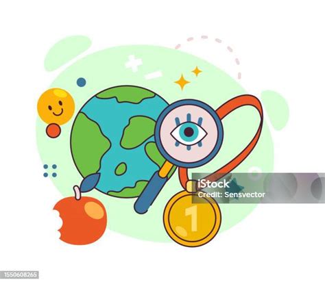 학교 또는 대학 교육 지리 수업 및 자연 발견 벡터 플랫 지구본과 경쟁 또는 도전에서 1위를 차지한 상 돋보기와 이모티콘 1위에 대한 스톡 벡터 아트 및 기타 이미지