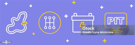 라인 피트 스톱 자동차 배터리 기어 시프터 및 타이밍 벨트 키트 아이콘을 설정합니다 벡터 고풍스런에 대한 스톡 벡터 아트 및