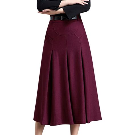 Tanming Womens Winter High Waist A Line Pleated Wool Midi Skirt With