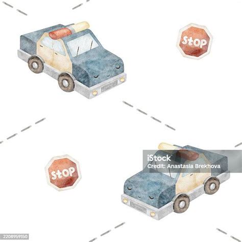 수채화 패턴 경찰차 교통 그림 도로 표지판 디자인 직물 아기 옷 섬유 포장 카드 벽지에 대 한 고립 된 배경에 완벽 한 인쇄 어린이 만화 스타일 경찰관에 대한 스톡 벡터