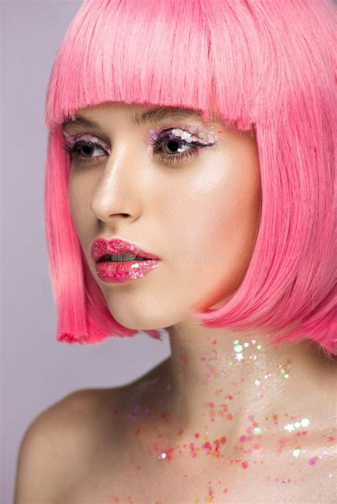 Attractive Woman With Pink Hair And Makeup With Glitter Looking Away Stock Photo Image Of