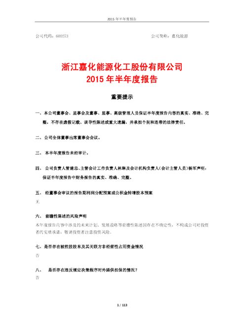 嘉化能源：2015年半年度报告