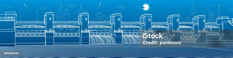 水力發電廠河壩能源站水能城市基礎設施工業例證全景藍色背景上的白線向量設計藝術向量圖形及更多水壩圖片 水壩 光 全景 Istock