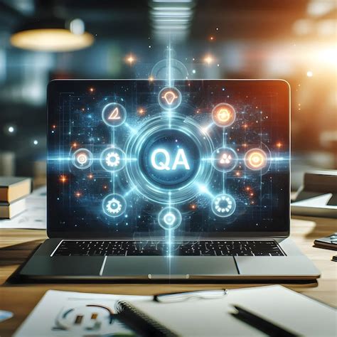 Modern Workspace With Laptop Displaying Holographic Ai Qa Icons Digital