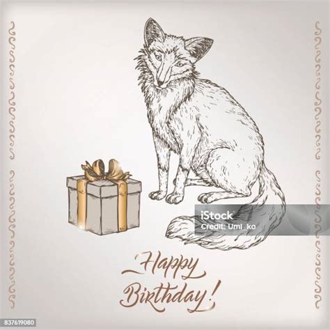서 예 폭스와 선물 상자 스케치와 로맨틱 빈티지 생일 카드 템플릿 고풍스런에 대한 스톡 벡터 아트 및 기타 이미지 고풍스런