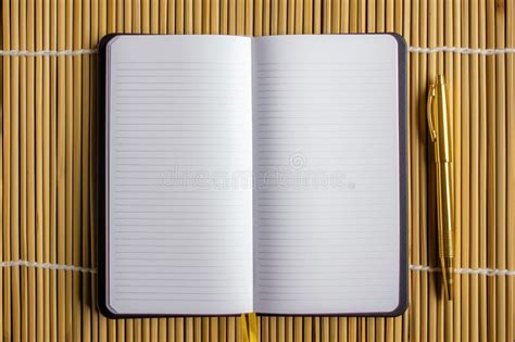 Open Notepad With Gold Pen On Bamboo Table Stock Image Image Of Table Creativity 307424531