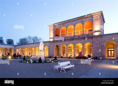 Lighted Arcade Building At Dusk With Rossini Hall And Arcade Passage Monument Ludwig I Spa