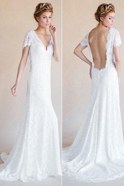 White Lace V Neck Long Sheath Cap Sleeve Backless Wedding Party Dress