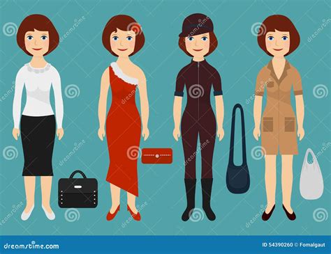 Ragazza Vestita In Attrezzature Differenti Donne Di Modo Del Fumetto In