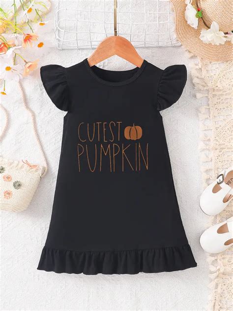 봄과 여름을 위한 귀여운 호박 그래픽 프린트 아기 소녀들을 위한 캐주얼하고 편안한 프릴 장식 면 드레스 유아 Temu