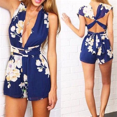 Casual Plunging Neckline Floral Print Backless Romper For Women