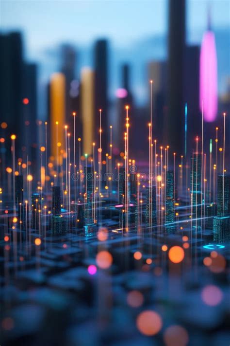 Futuristic Cityscape With Glowing Data Streams And Technology Lights Stock Image Image Of