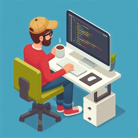 Isometric Web Developer Working With Coffee Premium Ai Generated Image