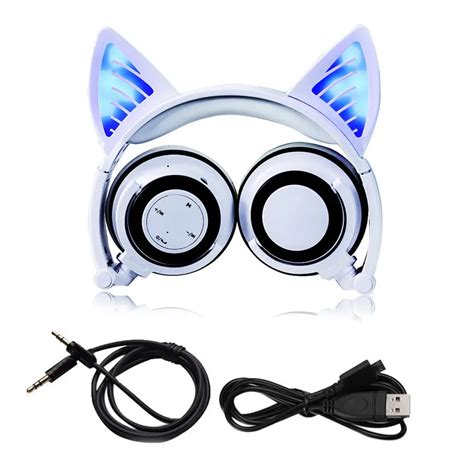 Foldable Cosplay Cat Ear Bluetooth Headphone Wireless Wire Universal Stereo Headset Led Light