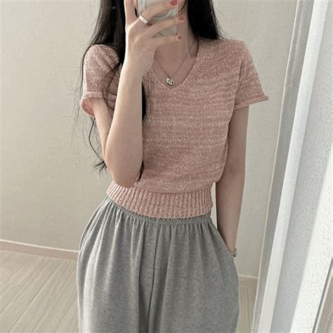 [ 허리잘록핏~ 여름에굿 ] 베라 보카시 부클 브이넥 반팔니트 5col 에이블리