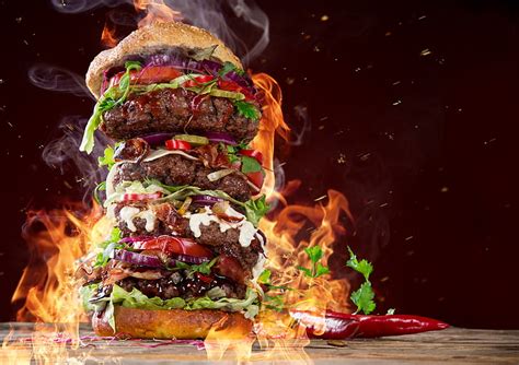 Hd Wallpaper Burger Steak 5k Fire Fast Food Pepper Wallpaper Flare