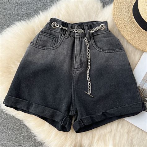 옥수수클로젯 여름신상여름팬츠 그라데이션 A라인 롤업 나염 데님 팬츠 썸머 하이웨스트 플랜지 체인 벨트 와이드 레그 워싱 반바지 연청 흑청 포켓 숏 청바지