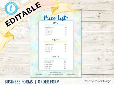 Price List Template Editable Menu Pricing Sheet