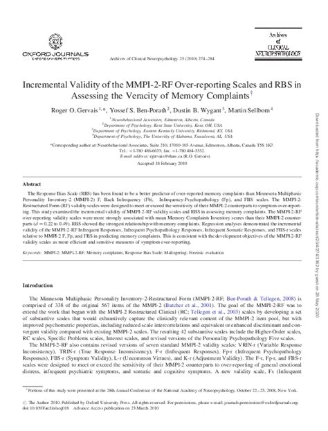 Pdf Incremental Validity Of The Mmpi 2 Rf Over Reporting Scales And Rbs In Assessing The