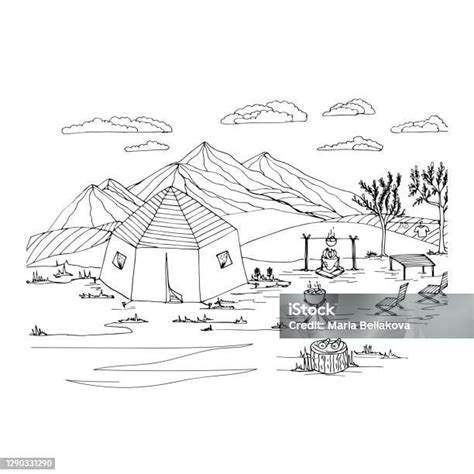 손으로 그려진 안티 응력 착색 흑백 벡터 드로잉 천막의 그림 그림 산 캠프 파이어 바베큐 긴 긴 포스터 엽서 스티커에 적합