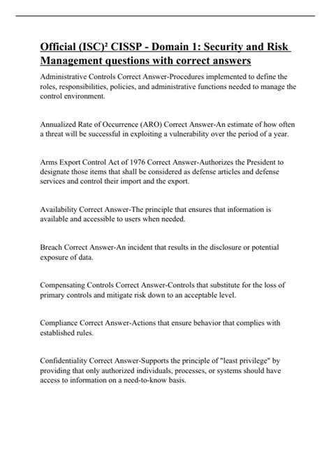 Official Isc ² Cissp Domain 1 Security And Risk Management Questions With Correct Answers