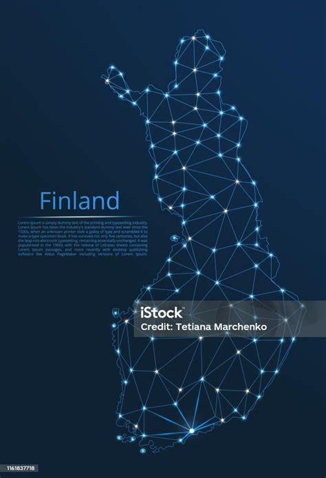 핀란드 통신 네트워크 지도 별과 공간의 형태로 포인트와 모양으로 구성된 도시 또는 인구 밀도의 형태로 조명글로벌지도의 벡터 낮은 폴리 이미지 0명에 대한 스톡 벡터 아트 및