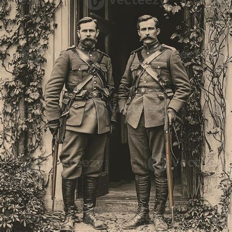 Two Soldiers Stand At Attention Showcasing Their Rifles And Military
