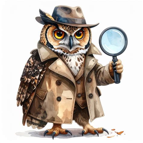Cartoon Owl Detective Holding A Magnifying Glass In Watercolor Style On