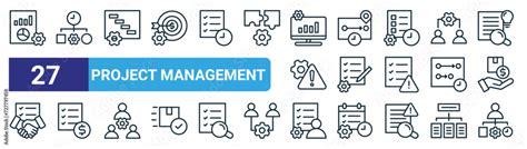 Set Of 27 Outline Web Project Management Icons Such As Reporting Time