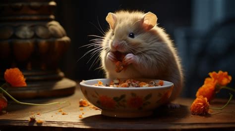 Premium Ai Image Fluffy Rodent Sniffs Gourmet Meal In Ceramic Bowl On