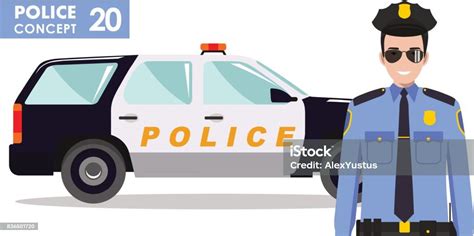 員警概念員警和在白色背景上的平面樣式的車的詳細的說明向量圖向量圖形及更多警察圖片 警察 交通方式 人 Istock