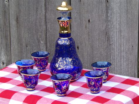 Vintage Venetian Glass Cobalt Blue And Gold Gilt Decanter Set