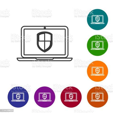 회색 노트북 방패 기호 라인 아이콘 흰색 배경에 고립 보호 인터넷 보안 개념입니다 Pc 보안 방화벽 기술 개인 정보 보호 안전