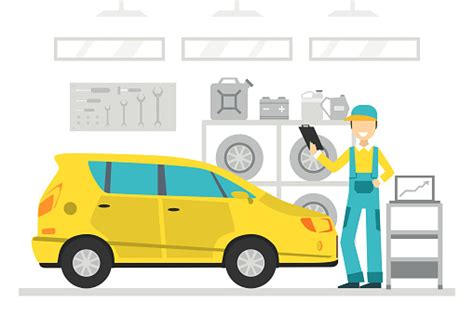 자동 수리 서비스 자동차 벡터 일러스트의 컴퓨터 진단을 만드는 바지의 자동 정비사 캐릭터 건강 진단에 대한 스톡 벡터 아트 및 기타 이미지 건강 진단 건강관리와 의술