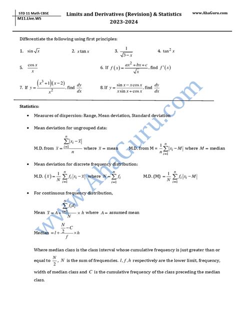 M11 Cbse Limits And Derivatives Revision And Statistics Ws 1 1702380426100 Asmus Pdf
