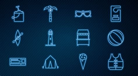 세트 라인 구명 조끼 비치 볼 안경 등대 카약 또는 카누 및 패들 삽이 달린 양동이에 모래 거리 포장 마차 천막 및 열대 야자 아이콘 벡터 거리에 대한 스톡 벡터 아트 및