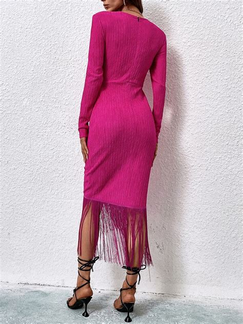 SHEIN Belle Fringe Trim Surplice Neck Bodycon Dress SHEIN UK