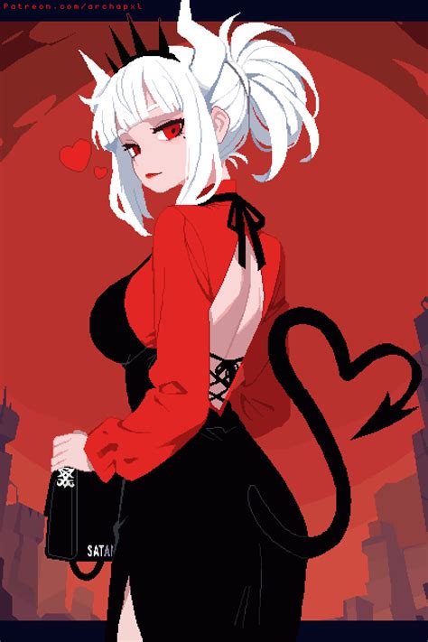 Archapxl Lucifer Helltaker Helltaker Highres 1girl Bag Black Dress Breasts Demon Girl