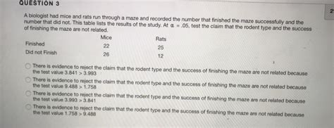 Solved QUESTION 3 A Biologist Had Mice And Rats Run Through Chegg